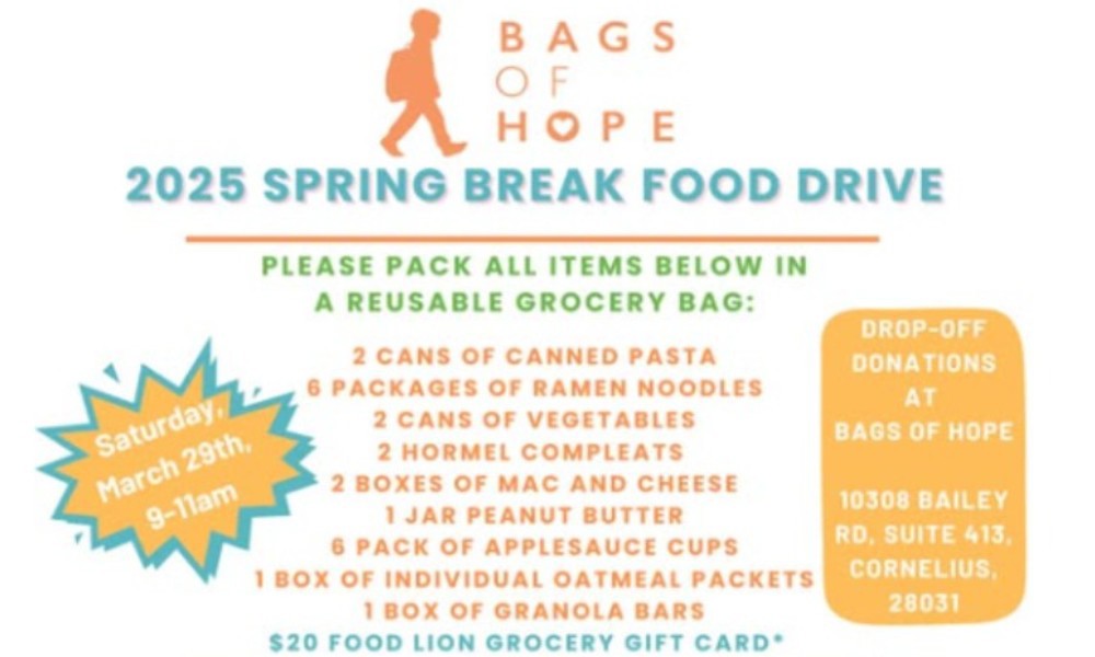 Bags of Hope- Spring Break Food Bags 2025, Cornelius NC - JustServe